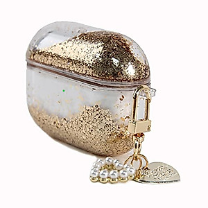 QIXIU Quicksand Headphone Case Compatible with AirPods Pro,Kawaii Cute Sparkle Liquid Protective Case,Funny Creative Hard Clear Airpods Pro Cover with Keychain (Gold,AirPods Pro)