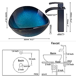 OUBONI Bathroom Vessel Sink,Black&Blue Vessel Sink,Oval Glass Vessel Sink with Waterfall Faucet and Pop-Up Drain,Boat Shape Bathroom Sink Above Counter,Tempered Glass Sink