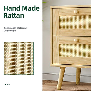 infurnic Rattan Nightstand, End Table, Nightstands Set of 2, Side Table with 2 Hand Made Rattan Decorated Drawers, Wood Night Stand Beside Table with Storage for Bedroom, Natural, 2 Pack