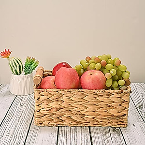 Donmills Wicker Storage Basket Rectangular with Wooden Handles for Shelves, Natural Water Hyacinth Handmade Pantry Basket Storage for Organizing, Woven Cube Storage Bin with Chalkboard Label