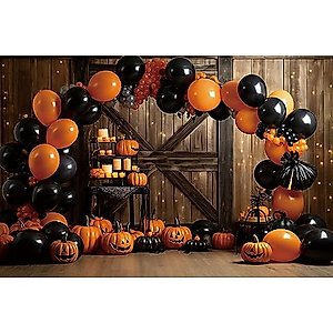 MOONDECO Photography Backdrop 7x5ft Halloween Arch Balloon Jack O Lantern Wood Party Background Kids Candle Light Fire Fly Photo Booth Decorations