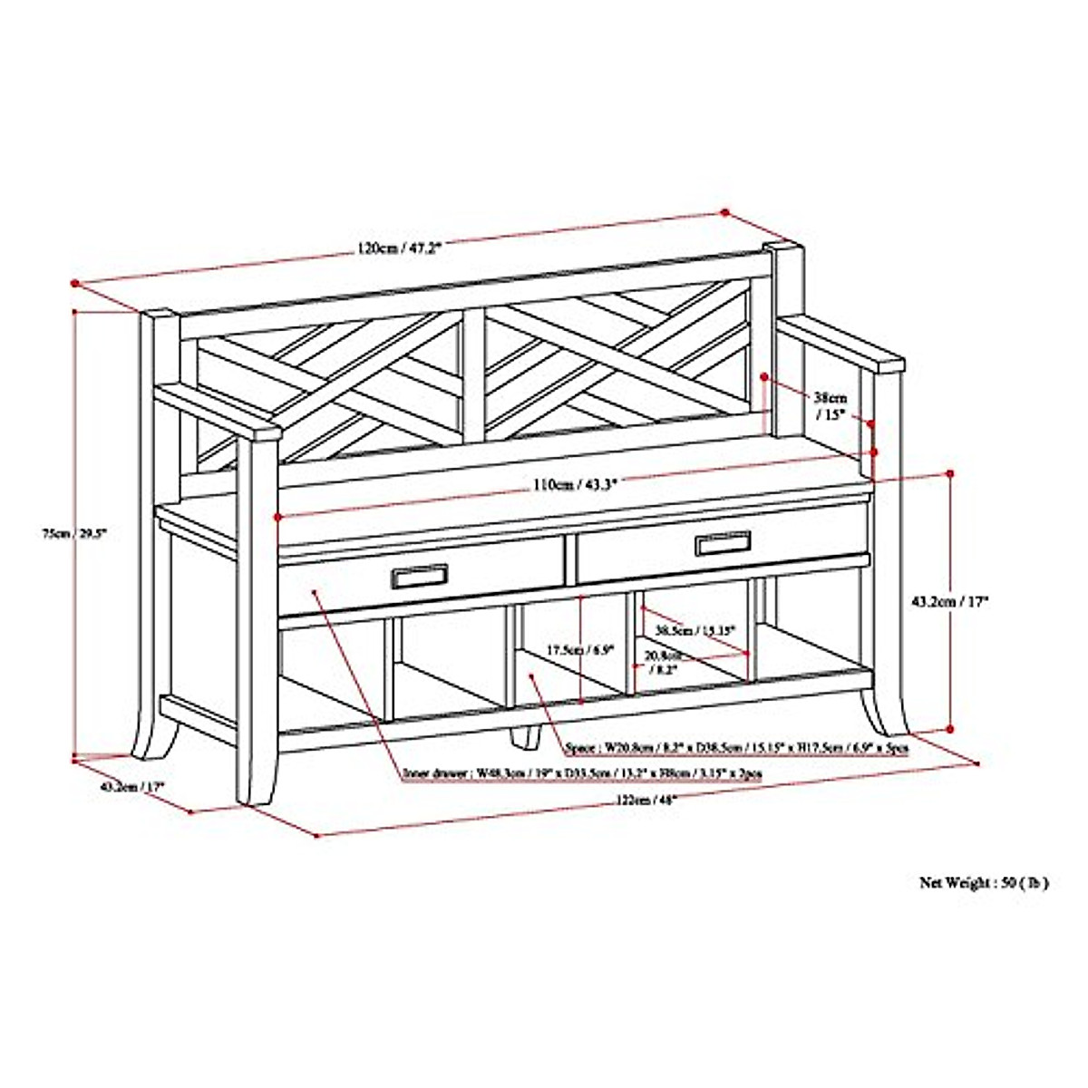 SIMPLIHOME Sea SOLID WOOD 48 inch Wide Entryway Storage Bench with Two Drawers with Metal Drawer Glides and Five Shoe Storage Cubbies, Multifunctional Transitional in Espresso Brown