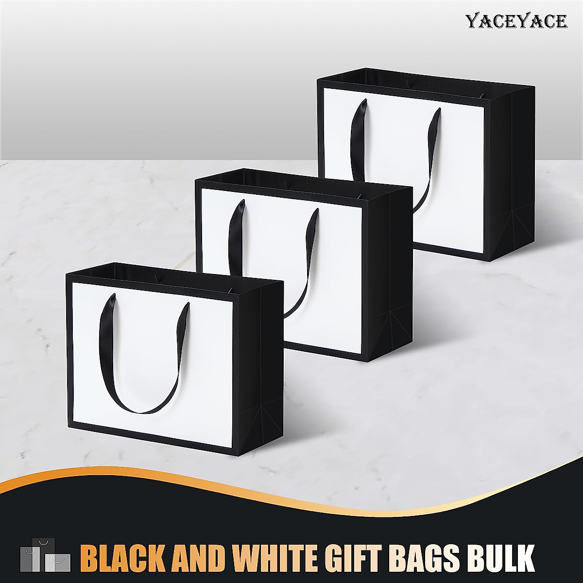 Black and White Gift Bags, YACEYACE 10Pcs 10.5"x4.25"x8" Medium Size Black and White Paper Gift Bags with Ribbon Handles, Wedding Bags,Retail Bags,Party Bags, Birthday Bags, Black Gift Bags Bulk White Gift Bags White Paper Shopping Bags