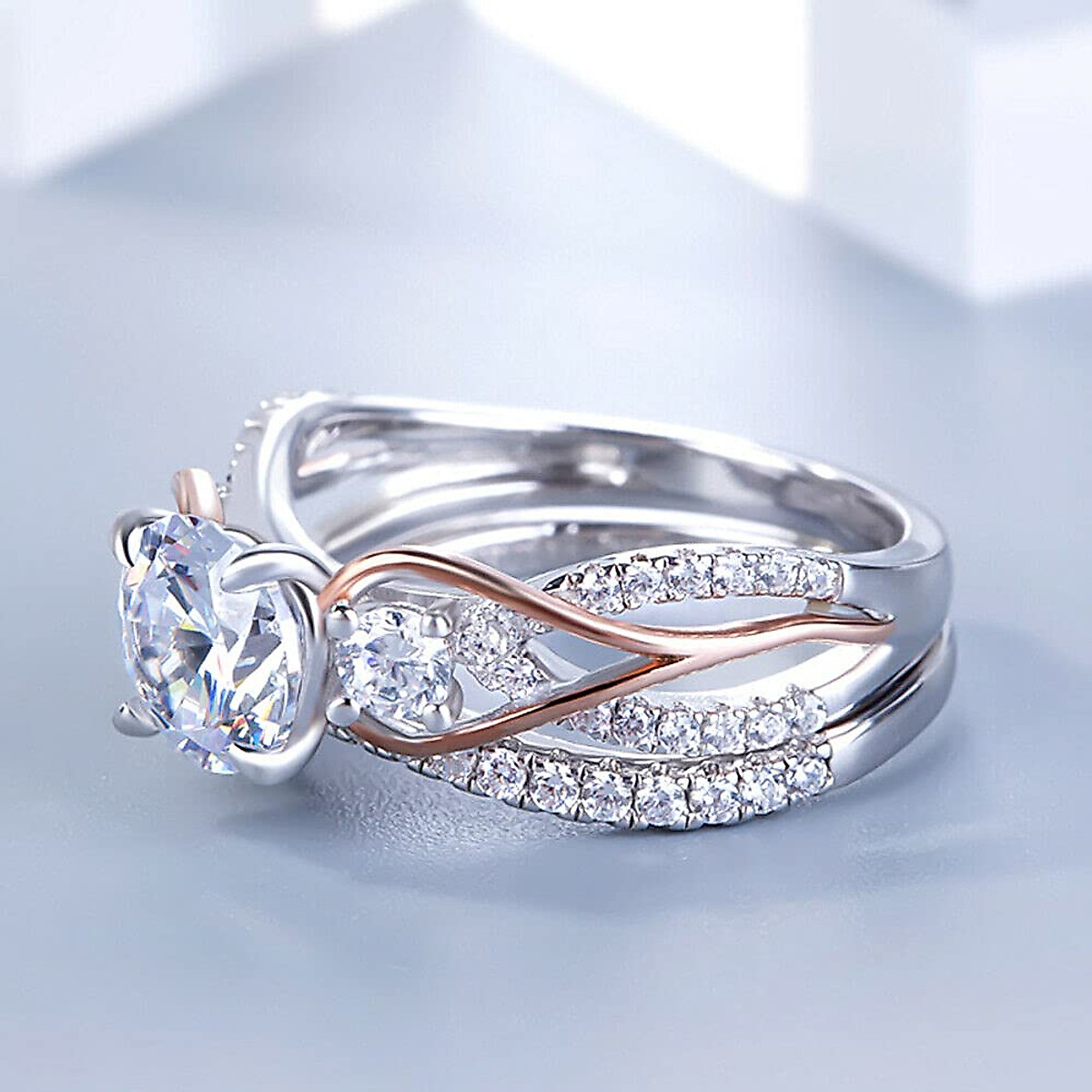 DRISHYA FASHION 2.20 Ct Round Cut Simulated Diamond Engagement Wedding Bridal Ring Set 14k Two Tone Gold Plated Gift For Her (11.5)