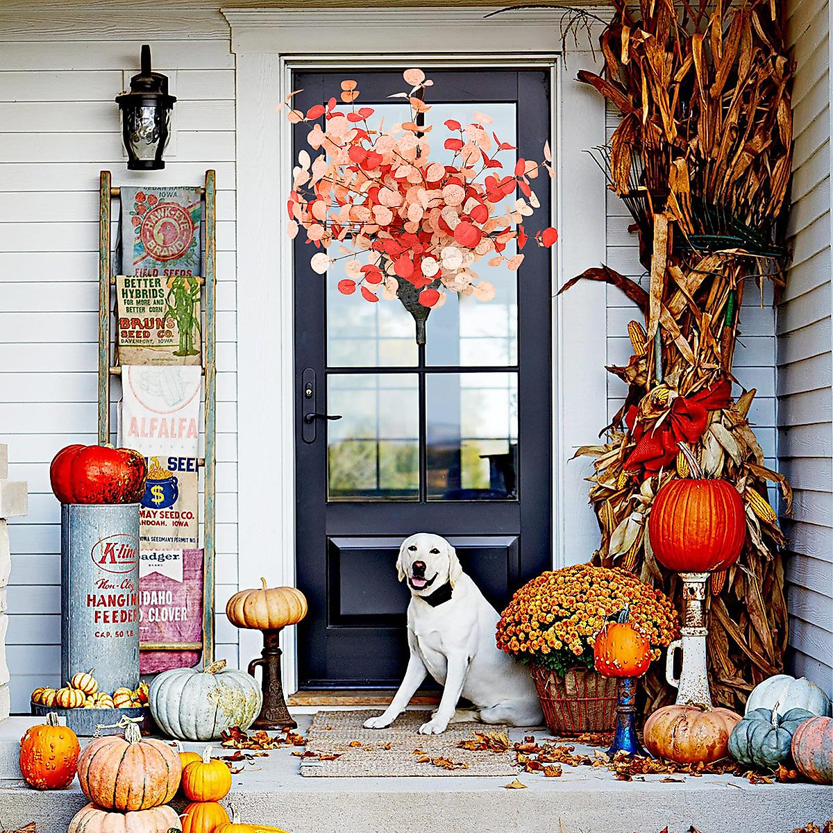 YIGHAI 6PC Fall Fake Eucalyptus Stems 24" Faux Silk Silver Dollar Leaves Branches Autumn Decor Artificial Plants Stems for Festival Thanksgiving Home Office Table Vase Decor