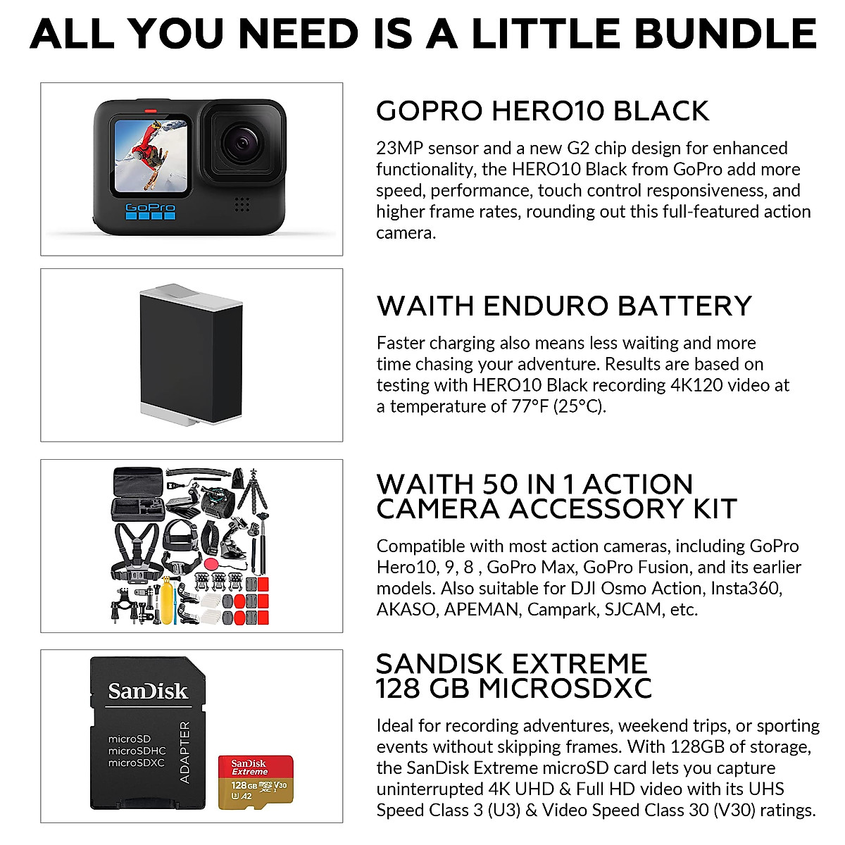 GoPro HERO10 Black (Hero 10) - Waterproof Action Camera with Front LCD and Touch Rear Screens with 128GB Extreme Pro Card, Spare Battery, and 50 Piece Accessory Kit - Advanced Bundle