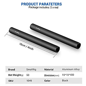 SmallRig 15mm Camera Rods (4 inch) 15mm Rail Rod Support System 15mm, Monitor Mount, 15mm LCD Mount, Follow Focus, Matte Box - 1049