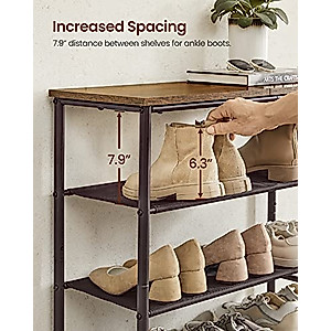 VASAGLE Shoe Rack 5 Tier, Narrow Shoe Organizer for Closet Entryway, with 4 Fabric Shelves and Top for Bags, Shoe Shelf, Steel Frame, Industrial, Rustic Brown and Bronze ULBS036A45