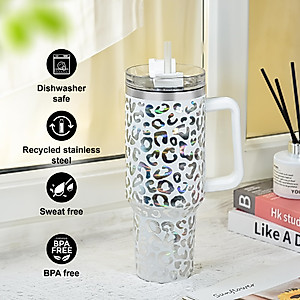 FECBK 40 oz Tumbler with Handle and Straw, 100% Leak-Proof Travel Mug, Stainless Steel Double Wall Vacuum Insulated Coffee Cup Keeps Cold For 34 Hours, Full Black Leopard