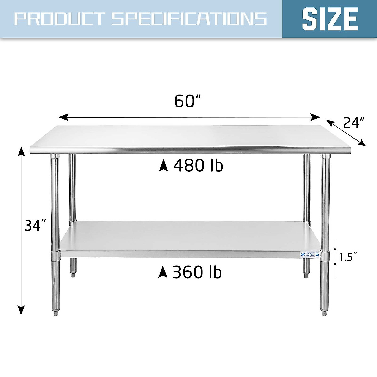 Hally Stainless Steel Table for Prep & Work 24 x 60 Inches, NSF Commercial Heavy Duty Table with Undershelf and Galvanized Legs for Restaurant, Home and Hotel
