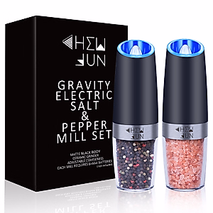 Gravity Salt and Pepper Grinder Set with Adjustable Coarseness Automatic Pepper and Salt Mill Set Battery Powered with Blue LED Light,One Hand Operated,Brushed Stainless Steel by CHEW FUN