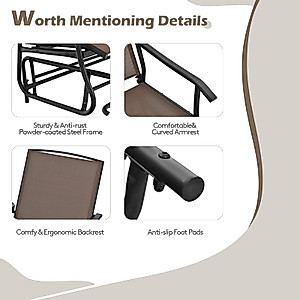 S AFSTAR 2-Person Outdoor Glider, Patio Glider Bench Chairs with Center Tempered Glass Table & Breathable Loveseat, Double Swing Glider Chair for Porch Garden Poolside Balcony Lawn (Brown)