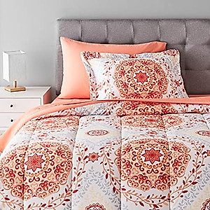Amazon Basics 5-Piece Lightweight Microfiber Bed-In-A-Bag Comforter Bedding Set - Twin/Twin XL, Coral Medallion