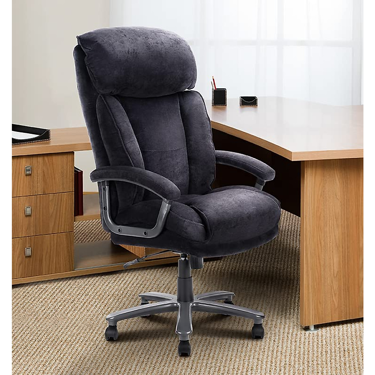 CLATINA Comfortable Big and Tall Executive Office Chair with 400lbs Weight Capacity, Thick Padding, Adjustable Height and Upholstered Design Sturdy for Home Office Black