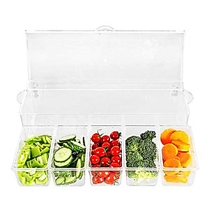 Tebery Large Clear Chilled Condiment Server with Lid and 5 Removable Compartments, Bar Garnish Holder Garnish Tray Salad Platter