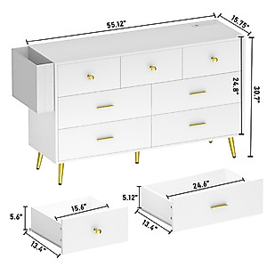 Fushimuma White Dresser for Bedroom, 7 Drawer Dresser with Charging Station, Wood Chest of Drawers with Gold Handles, Modern Dressers & Chests of Drawers for Living Room, Hallway