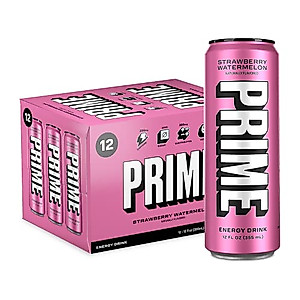 PRIME HYDRATION Energy Drink Strawberry Watermelon, Naturally Flavored, 200mg Caffeine, Zero Sugar, 300mg Electrolytes, Vegan, 12 Fl Oz per Can (Pack of 12)