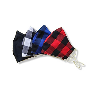 Hope Love Shine Checkered Face Masks w/Adjustable Ear Loops & Filter Pocket - Reusable, Washable Cloth Fabric Face Masks for Women, Men, Adult (Solid Black, Buffalo Plaid Red, Navy, White - 4 Pack)