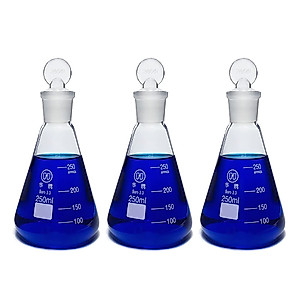 HUAOU 250ml Glass Erlenmeyer Flask Set, 3pcs Laboratory Glassware Flask with Glass Stopper for Chemistry Classroom Home Use, 3.3 Borosilicate Labware Science Flask, Narrow Mouth, Printed Graduation