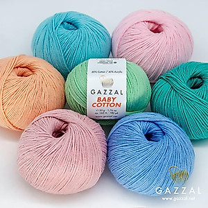 3 Pack (Skein) Gazzal Baby Cotton, 60% Cotton 40% Acrylic, Each Ball 1.76 Oz (50g) / 180 Yards (165m), DK- Worsted, Knitting Yarn, Amigurumi Yarn, Baby Yarn, 3432