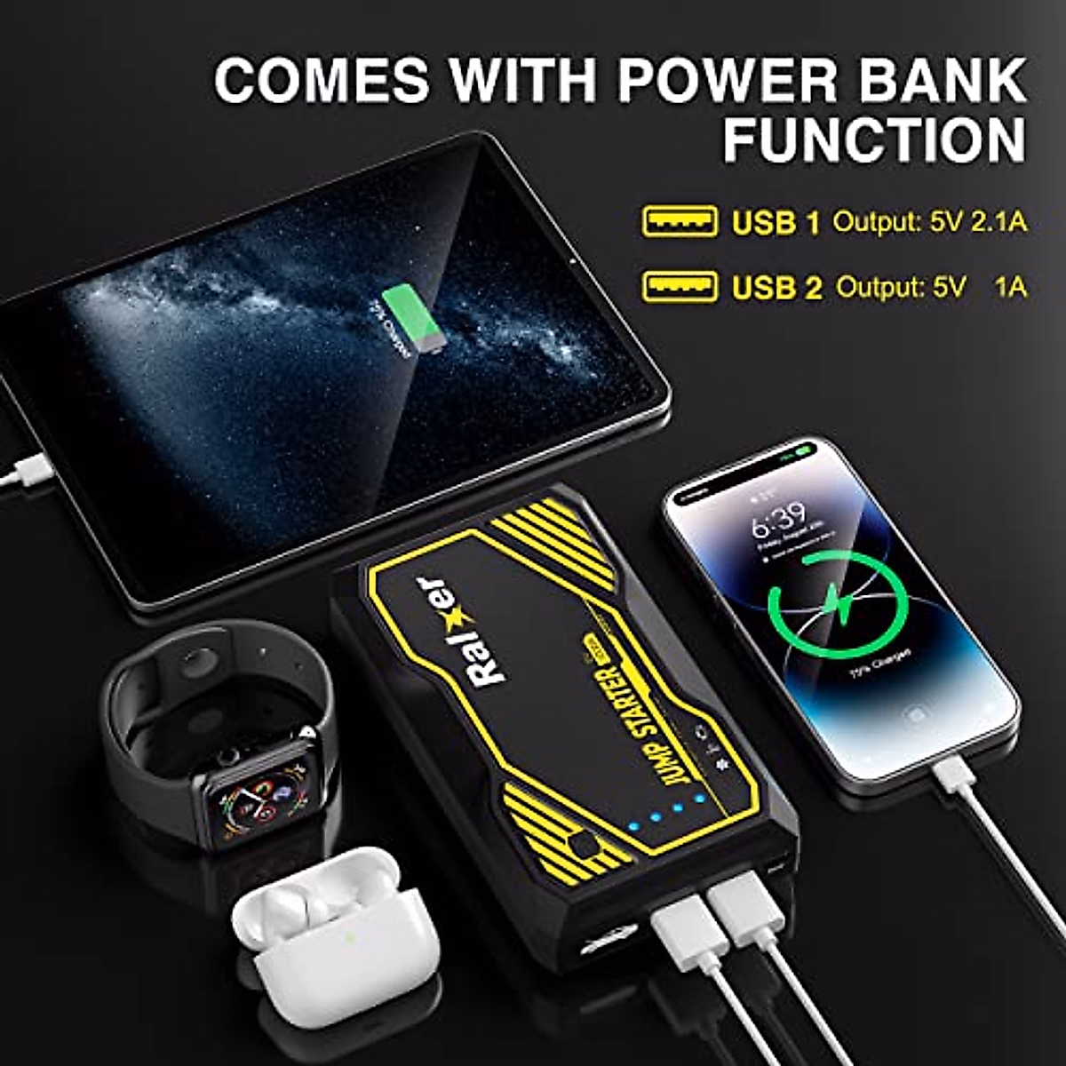 RALXER Battery Jumper Starter Portable,1000A Battery Booster Pack for Up to 7.0 Gas or 5.5L Diesel Engine,12V Portable Jump Box with LED Light,USB C Charge Cable