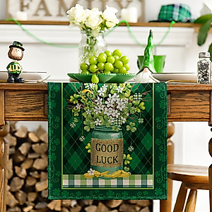 Artoid Mode Green Vase Shamrock Good Luck St. Patrick's Day Table Runner, Spring Holiday Kitchen Dining Table Decoration for Home Party Decor 13 x 72 Inch