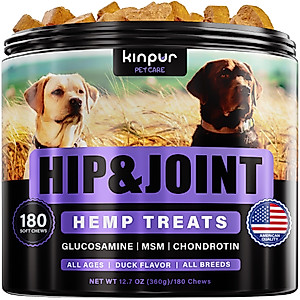 Hemp Joint Supplement for Dogs - Dog Joint Supplement with Glucosamine, Chondroitin, MSM - Supports Hip and Joint Heath, Better Mobility, Skin and Coat - for All Breeds and Ages - 180 Dog Chews, Duck