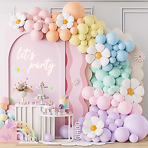 Daisy Pastel Balloon Garland Kit 157pcs Pastel Macaron Balloon Arch Kit with Flower Mylar Balloon for Boho Mothers Day Spring Daisy Floral Theme Two Groovy Party Decoration
