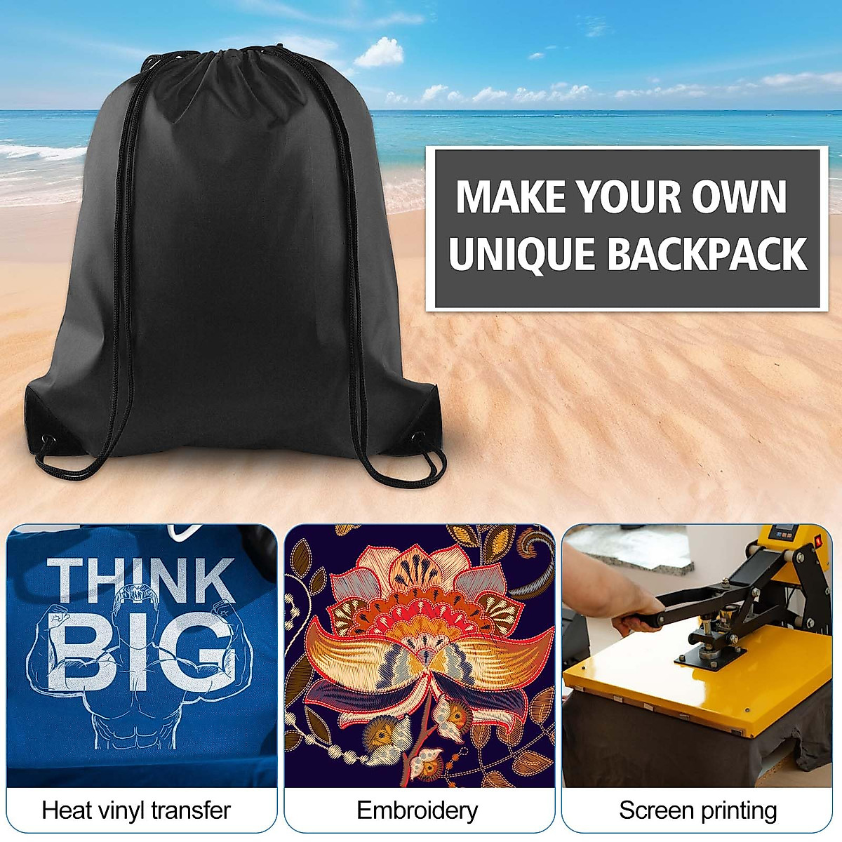 KUUQA 2 Pcs Drawstring Backpack Bags Sports Cinch Sack String Backpack Storage Bags for School Gym Traveling (Black)