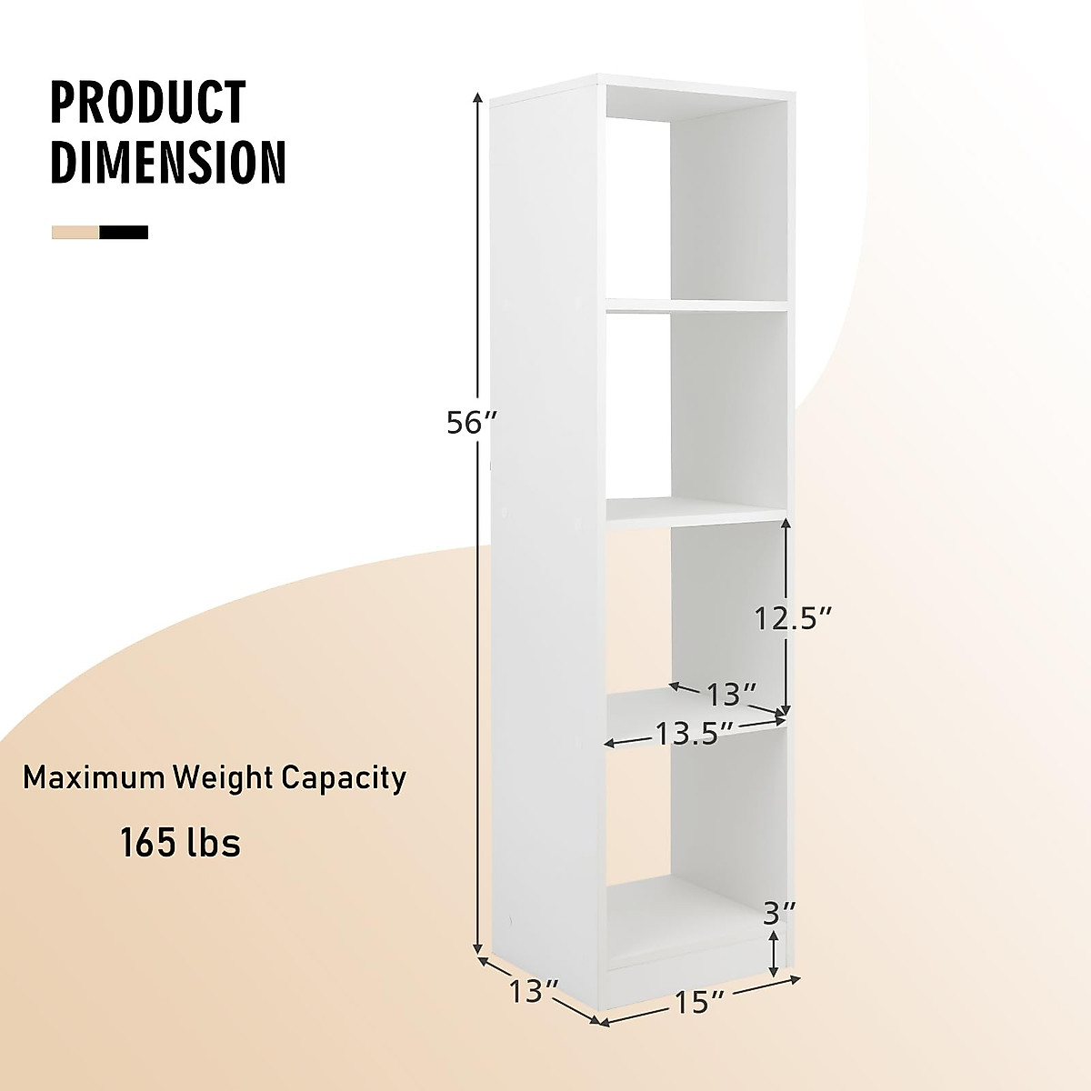 SILKYDRY 56” Tall White Bookshelf, 4 Cube Vertical Storage Organizer with Anti-Tip Kits, Freestanding 5-Tier Narrow Open Shelf Bookcase for Small Space, Bedroom, Study, Home Office (1)
