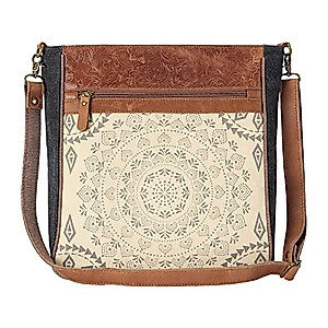 ANNGOTI Canvas & Cowhide Shoulder Bag for Women, Vintage Style with Genuine Leather, Handmade Print Crossbody Bag with Zipper Top & Adjustable Strap