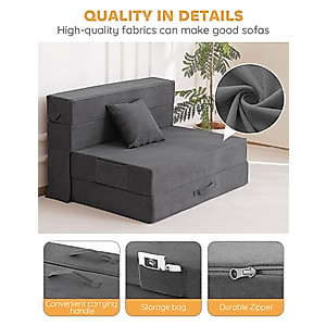 Fjdesklu Folding Couch Sofa Bed - Comfortable Sleeper Chair with Stable Back Support, Pocket and Throw Pillow, Durable Fabric & Portable Design for Napping, Yoga, Reading, and Relaxation - Grey