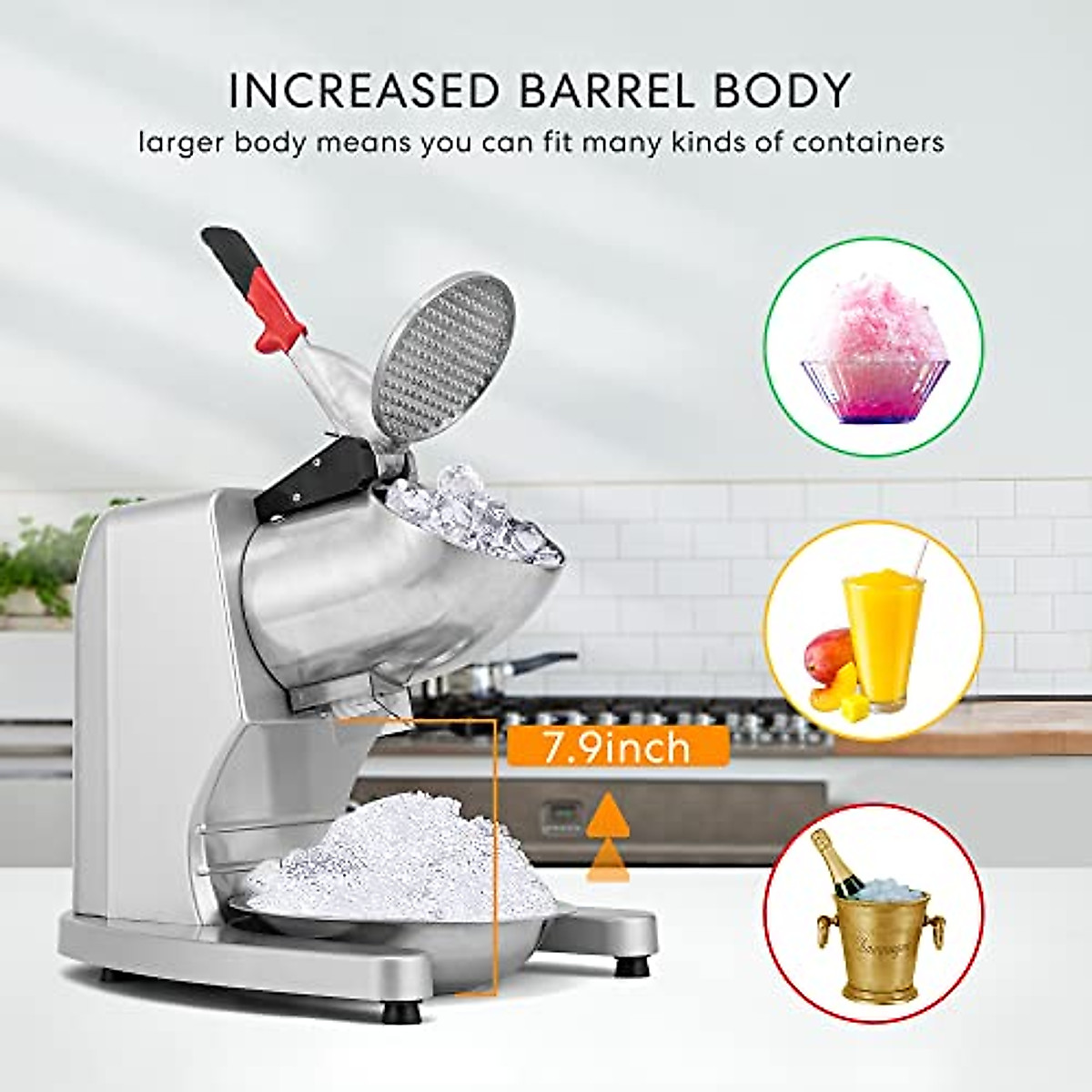 VIVOHOME 11 Inch Height Electric Dual Blades Ice Crusher Shaver Snow Cone Maker Machine Silver 143lbs/hr with Ice Pick for Home and Commercial Use