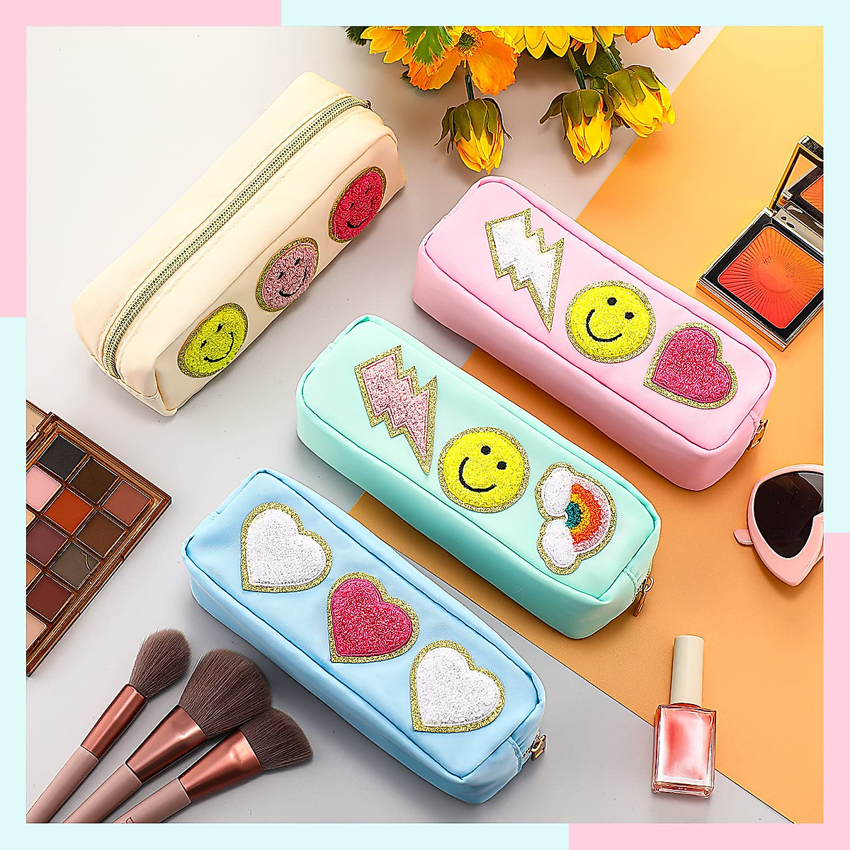 Sweetude 4 Pcs Preppy Patch Pencil Case Chenille Pen Bag Nylon Pencil Marker Pouch Brush Makeup Bag for Men Women College Travel Office Gifts Purse Organizer Holder Box