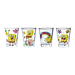 Silver Buffalo SpongeBob SquarePants Poses Floral Krabby Patty 4-Pack Mini Glass Set, 1.5 Ounces