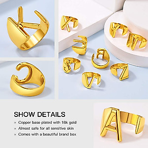 Suplight Initial Letter Ring A-Z Alphabet Adjustable Open Ring, Wedding Gift for Her, Index Finger Statement Ring, 18K Gold J Initial Ring Monogram Ring for Women