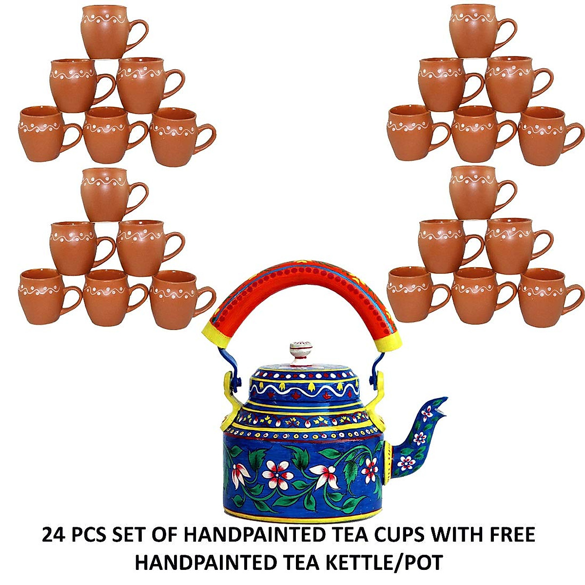 Odishabazaar Combo 24 Pcs Designer Teacups|Indian Kulhar|Free 1Ltr Hand Painted Tea Kettle|Pot (ktc-7)