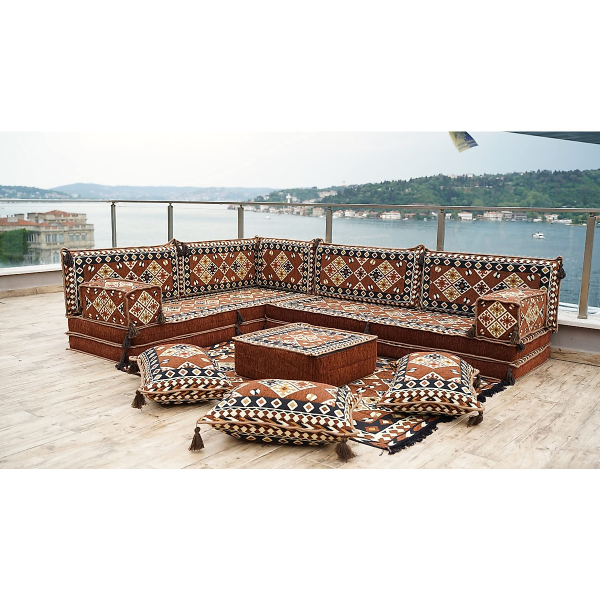 Brown Livingroom Cushions, 8" Thickness Corner Floor Seating Set, L Shaped Floor Couch, Sectional Sofa Set, Floor Pillows, Arabic Majlis, Sofa Bed (L Sofa Full Set)