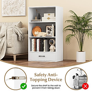 IFANNY 3 Shelf Bookcase with Drawer, Wood Bookshelves and Bookcases, Cube Bookcase Shelf, Small Bookshelf with Storage for Small Spaces, White Book Shelf for Bedroom, Living Room, Home Office