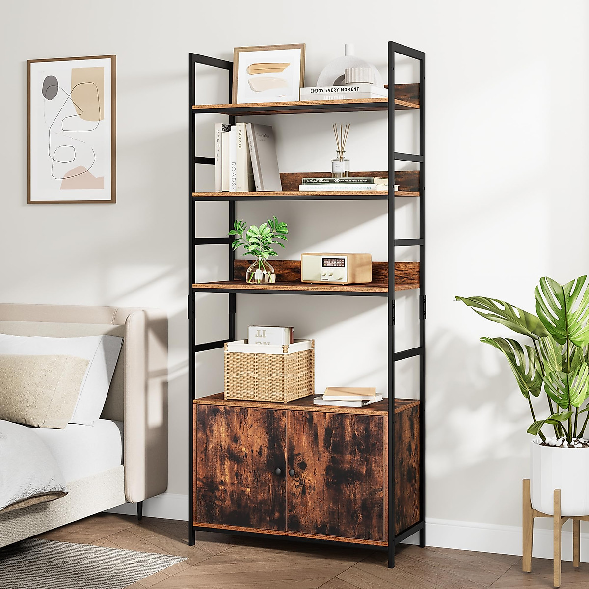 BOTLOG Industrial Bookshelf, Tall Bookshelf with Storage, Wood and Metal Shelf with Doors and Shelves Rustic Brown for Office and Living Room