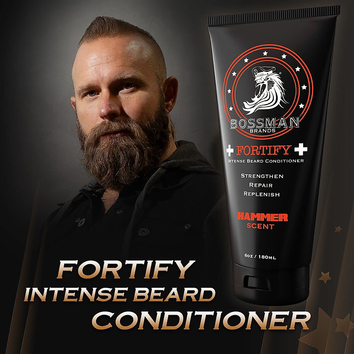 Bossman Fortify Intense Beard Conditioner - Shower Beard Wash, Moisturizer and Beard Softener for Men - Beard Growth Products - Made in USA (Hammer Scent)