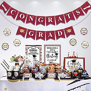 2022 Graduation Candy Bar Buffet Decorations Congrats Grad Kit Congrats Grad Banner Graduation Dessert Table Signs Folding Food Label Tent Cards Set Graduation Cup Tags for Graduation Party (Wine Red)