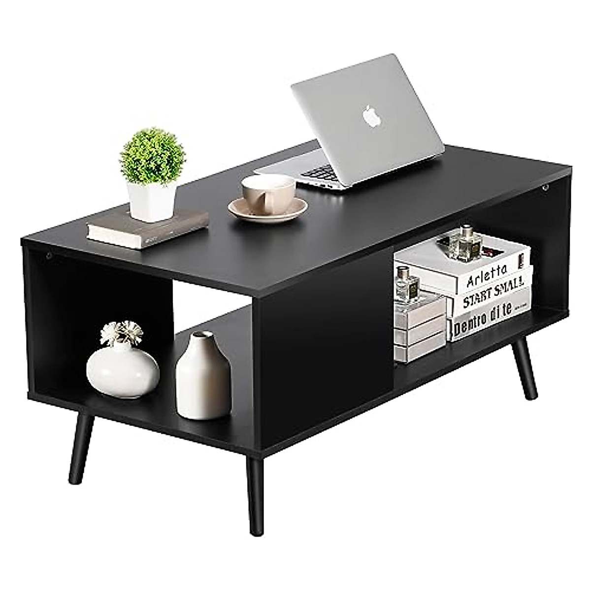 SUPER DEAL 2 Tier Modern Coffee Table with Storage for Living Room, 40 Inch Rectangle Wooden Accent Center Sofa Side Table for Indoor Bedroom Apartment Small Spaces, Black