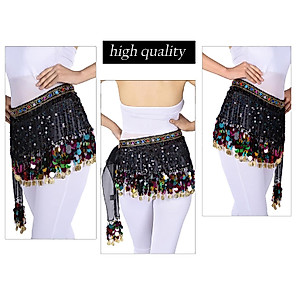 Belly Dance Hip Scarf Black for Women Dancing Costume Coin Belt Skirt (Black) One Size
