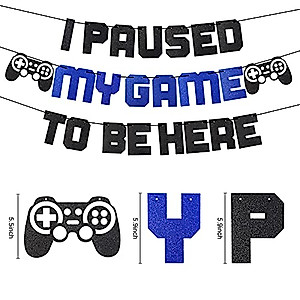 Video Game Party Supplies I Paused My Game To Be Here Banner, Blue Gaming Birthday Party Decorations for Boys, Glitter Game Theme Backdrop Sign Decor