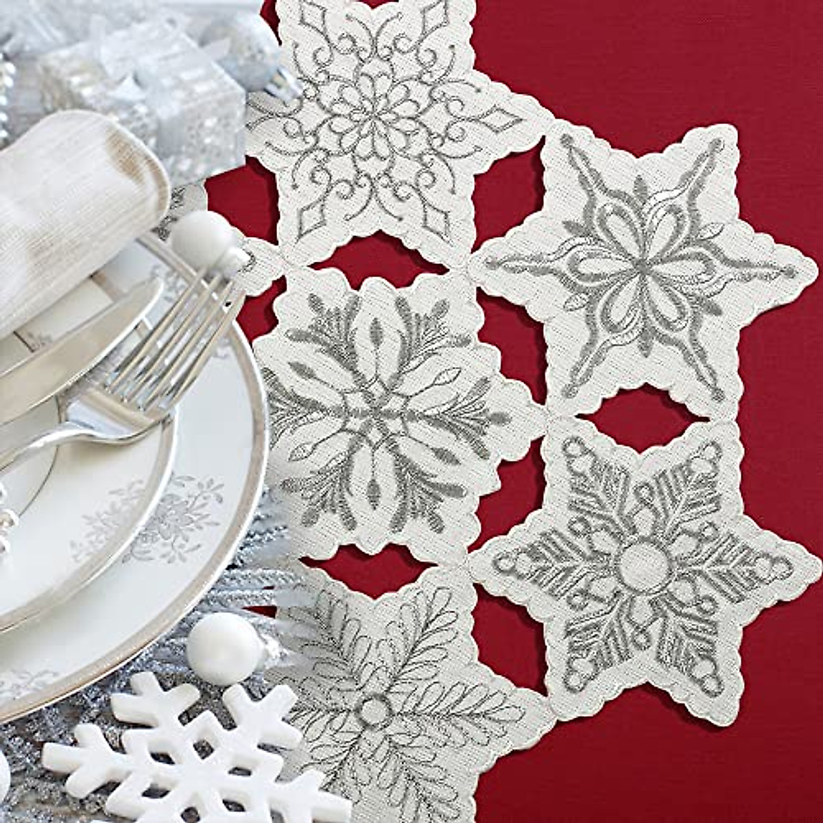 OWENIE Christmas Placemats Set of 4, Metallic Embroidered Cutwork Silver Snowflakes Round Placemats for Dinging Table, Luxury Holiday Tabletop Collections, Winter Table Mats (4pcs, 15 inches Round)