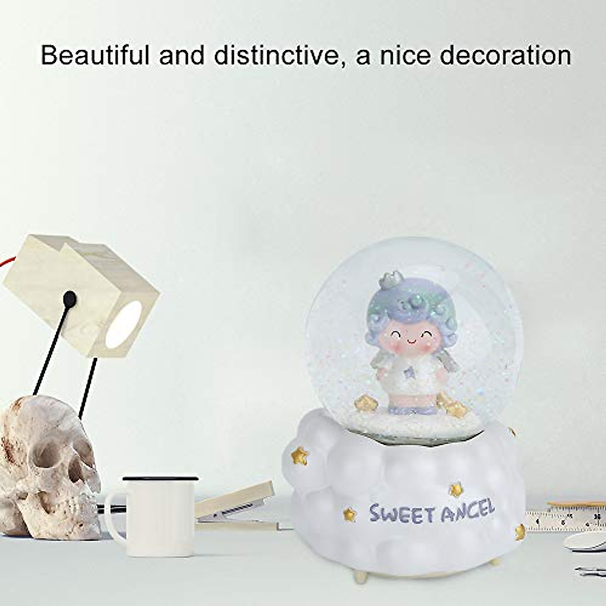 Haofy Lovely Little Angel Automatic Snow Fall Snow Globe, Cute Figurine Crystal Ball,Night Light Music Snow Globes Decor, Home Decoration Ornament(大号BB9040天使 白底座)