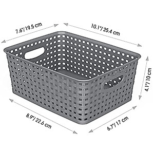 Weave Storage Organizer Baskets, Grey 6-Pack Plastic Woven Baskets, 10.1" x 7.55" x 4.1"