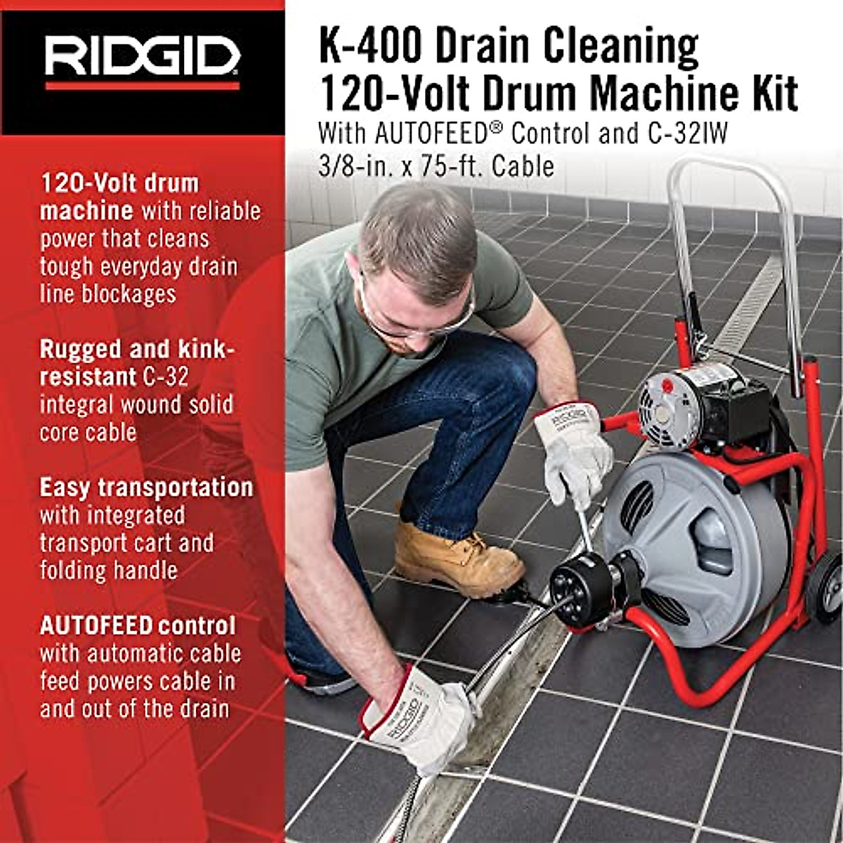 RIDGID K-400 Drain Cleaning 115-Volt Drum Machine Kit with AUTOFEED Control and C-32IW 3/8" x 75' Cable & 35473 K-45AF Sink Machine with C-1 5/16 Inch Inner Core Cable and AUTOFEED Control