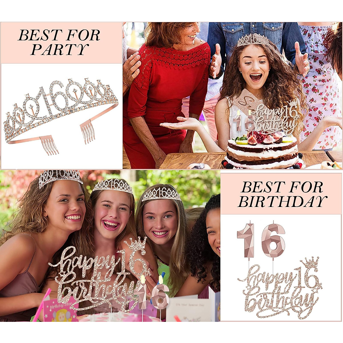 8pcs Sweet 16 Birthday Decorations for Girls, Including 16th Happy Birthday Cake Toppers, Birthday Queen Sash with Pearl Pin, Sweet Rhinestone Tiara Crown, Number Candles and Balloons Set, Rose Gold